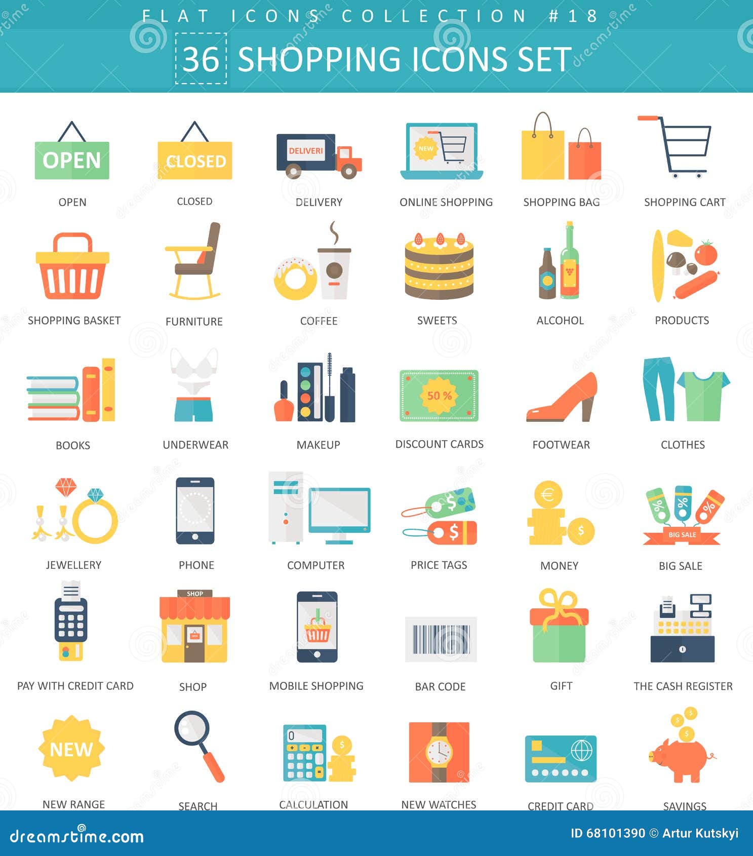 Vector Shopping Color Flat Icon Set. Elegant Style Design. Stock Vector ...