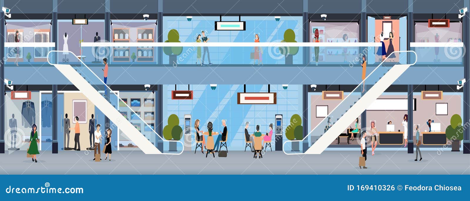 Vector of a Shopping Mall with Security Cameras Tracking Customers ...