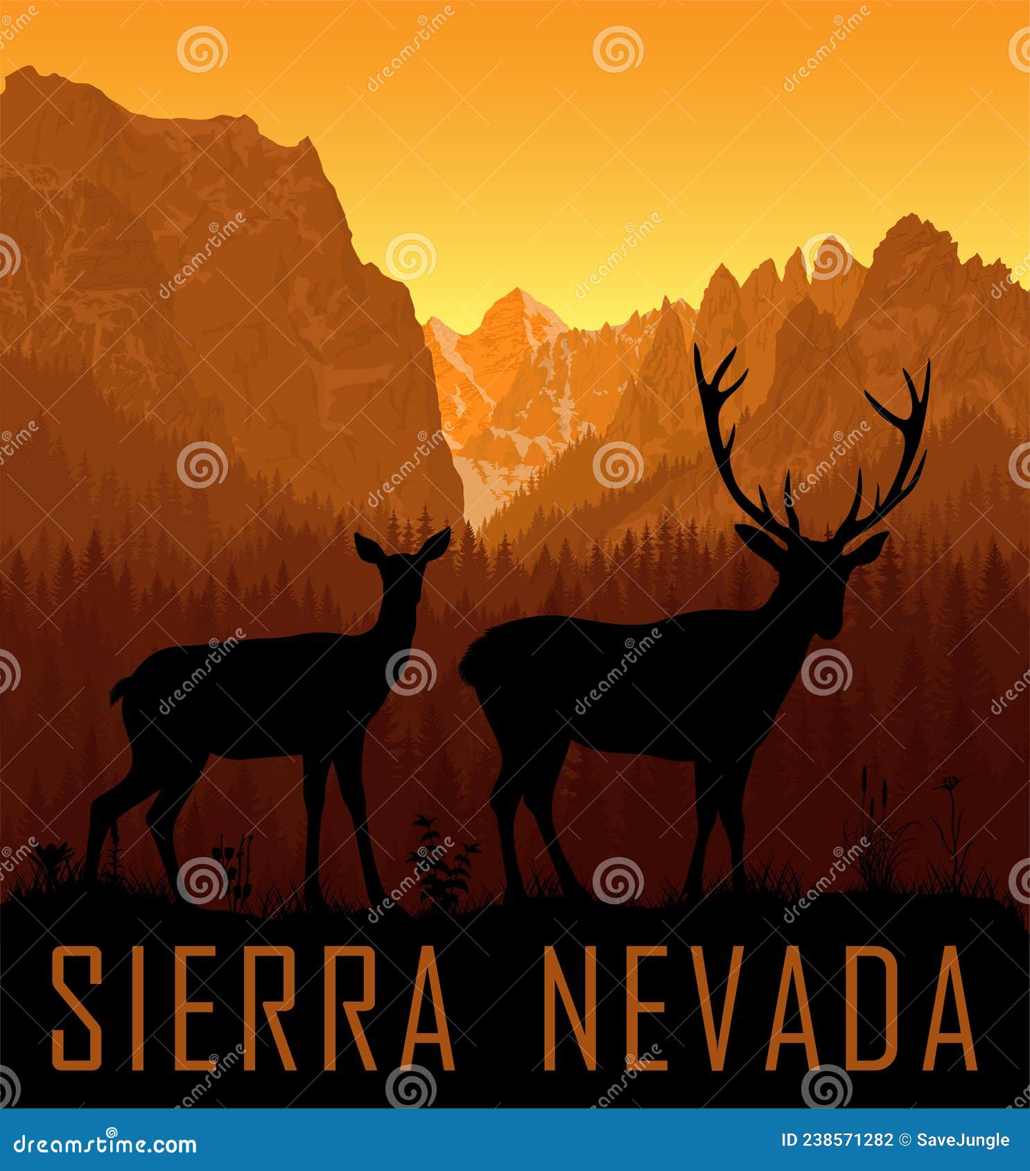 Vector Sierra Nevada Range Mountains with Couple of White Tailed Deers ...