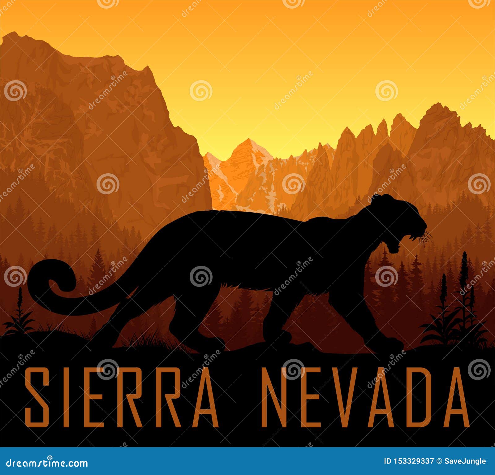 Vector Sierra Nevada Range Mountains with Puma Cougar Puma Concolor ...