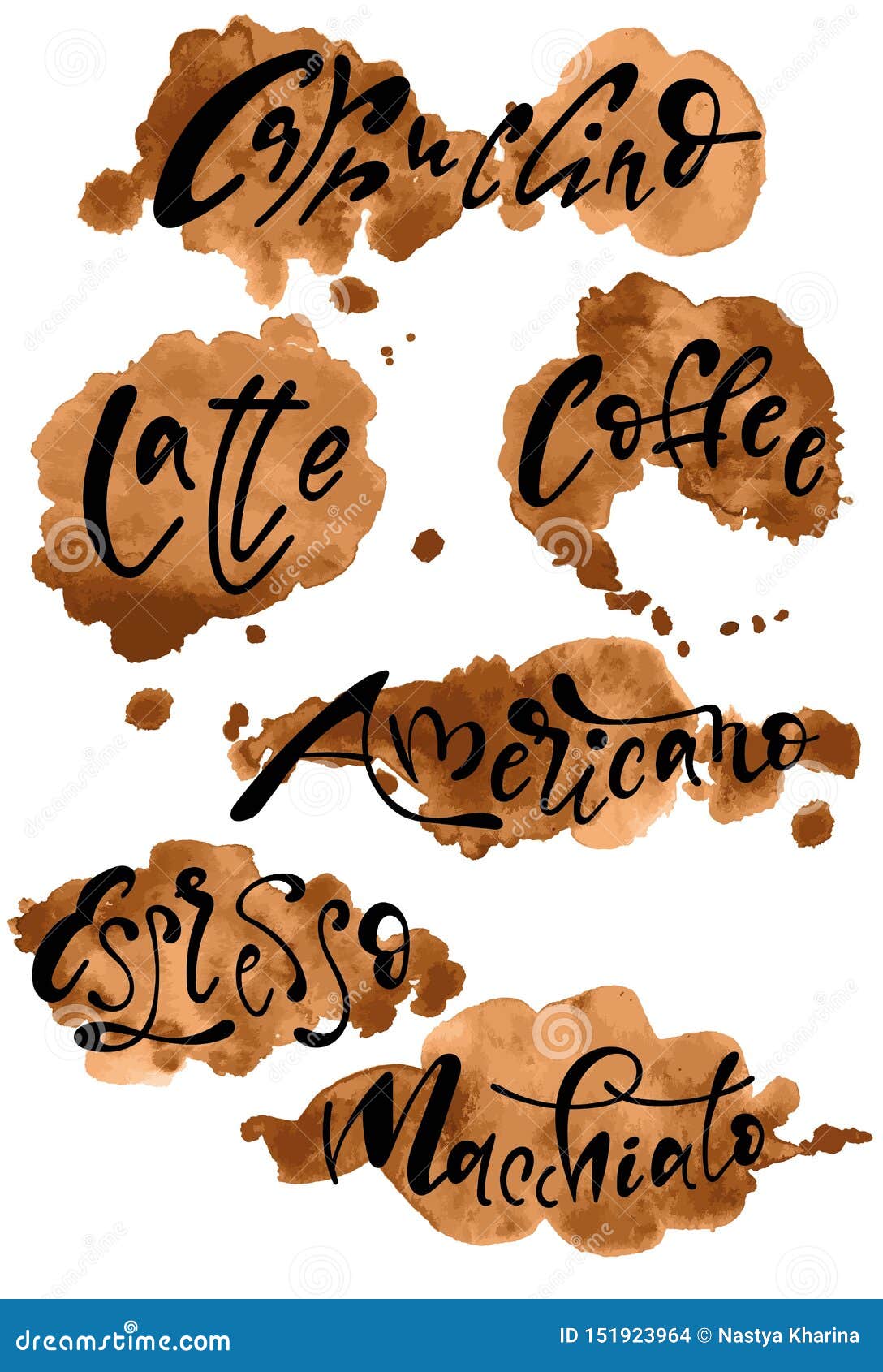 Vector Signs of Different Types of Coffee on Coffee Splashes Stock ...