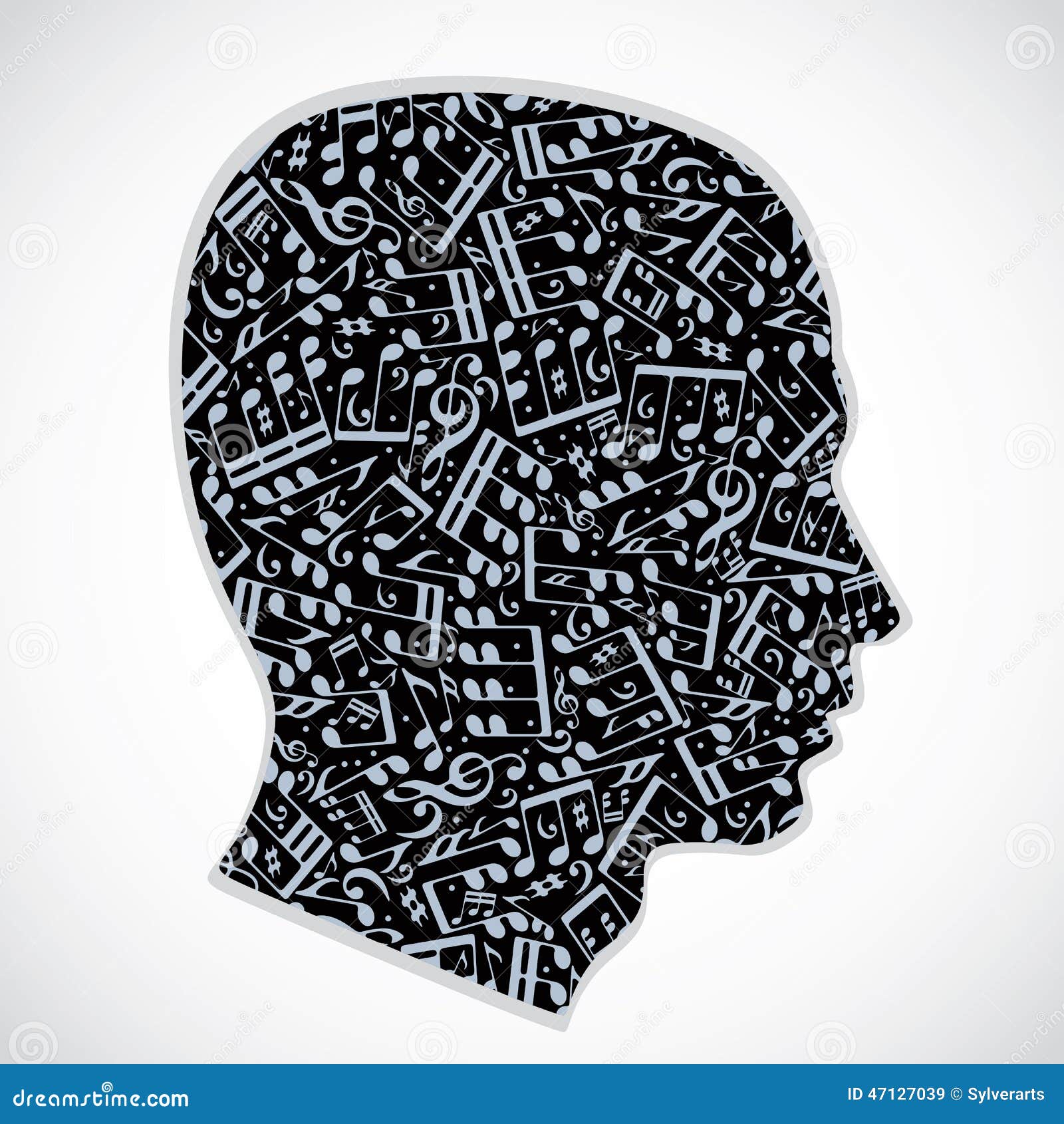 Vector Silhouette of a Head Filled with Musical Notes and Symbol Stock ...