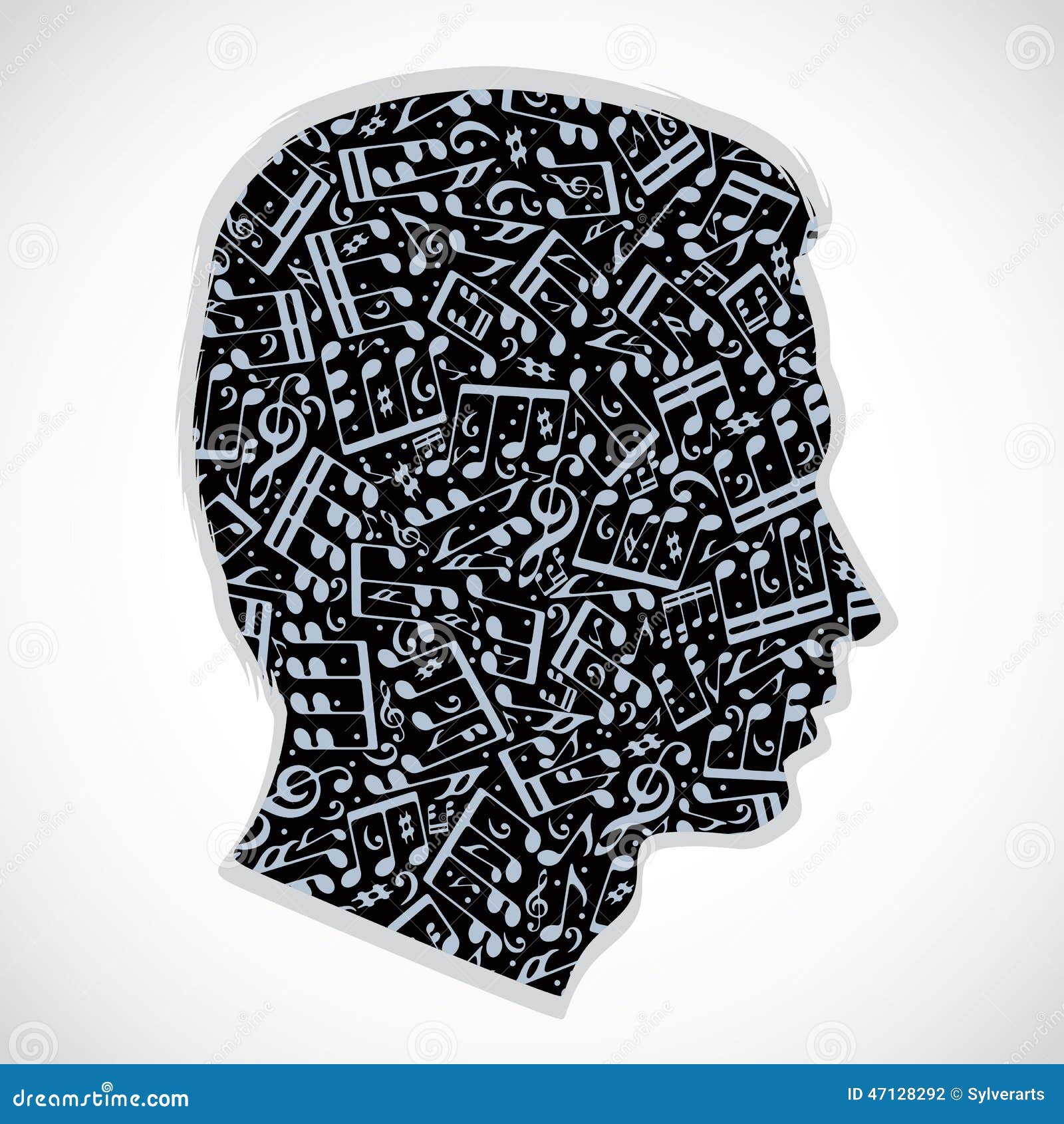 Vector Silhouette of a Head Filled with Musical Notes and Symbol Stock ...
