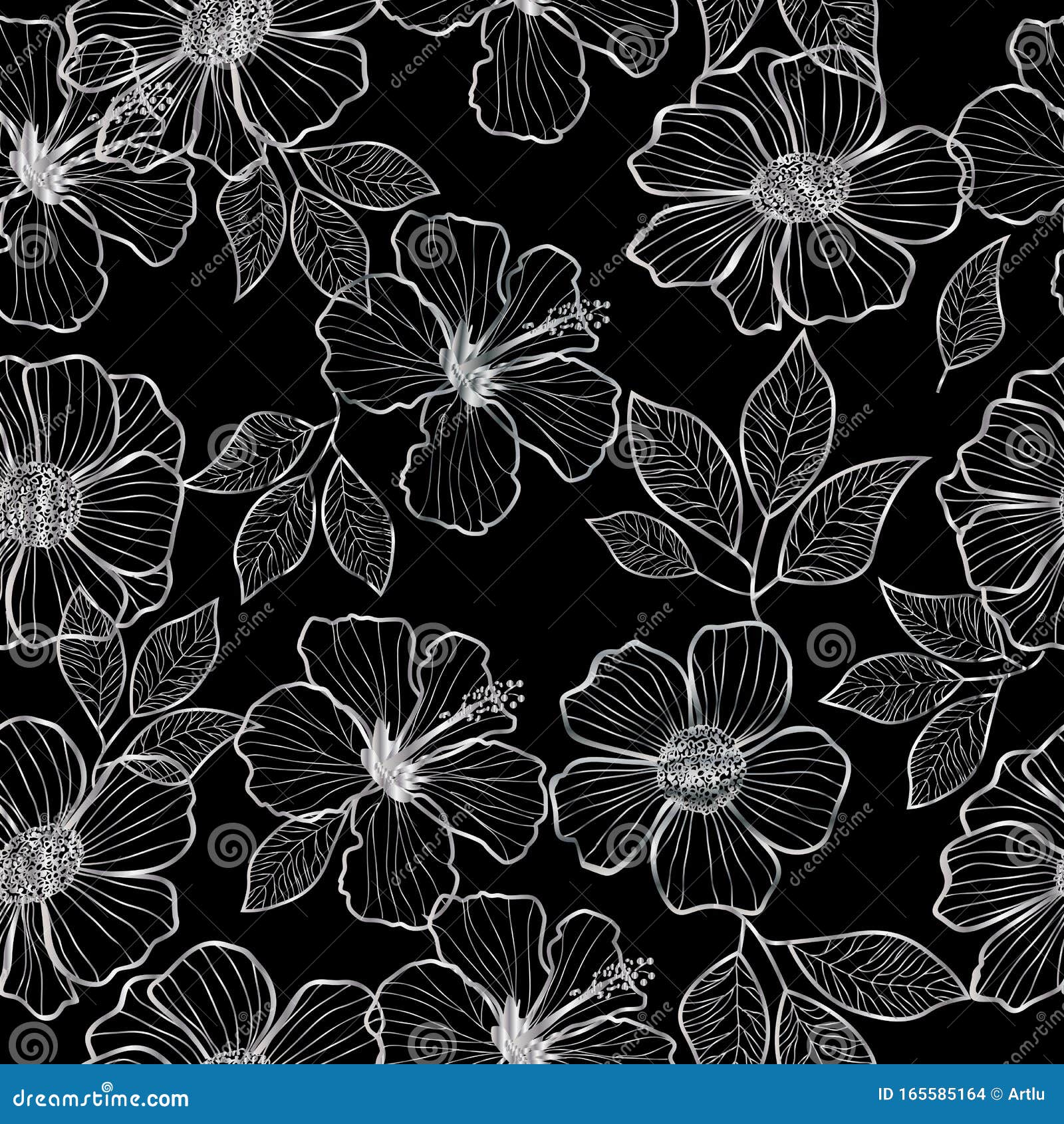 Vector Silver Outline Flowers Seamless Pattern Stock Vector ...