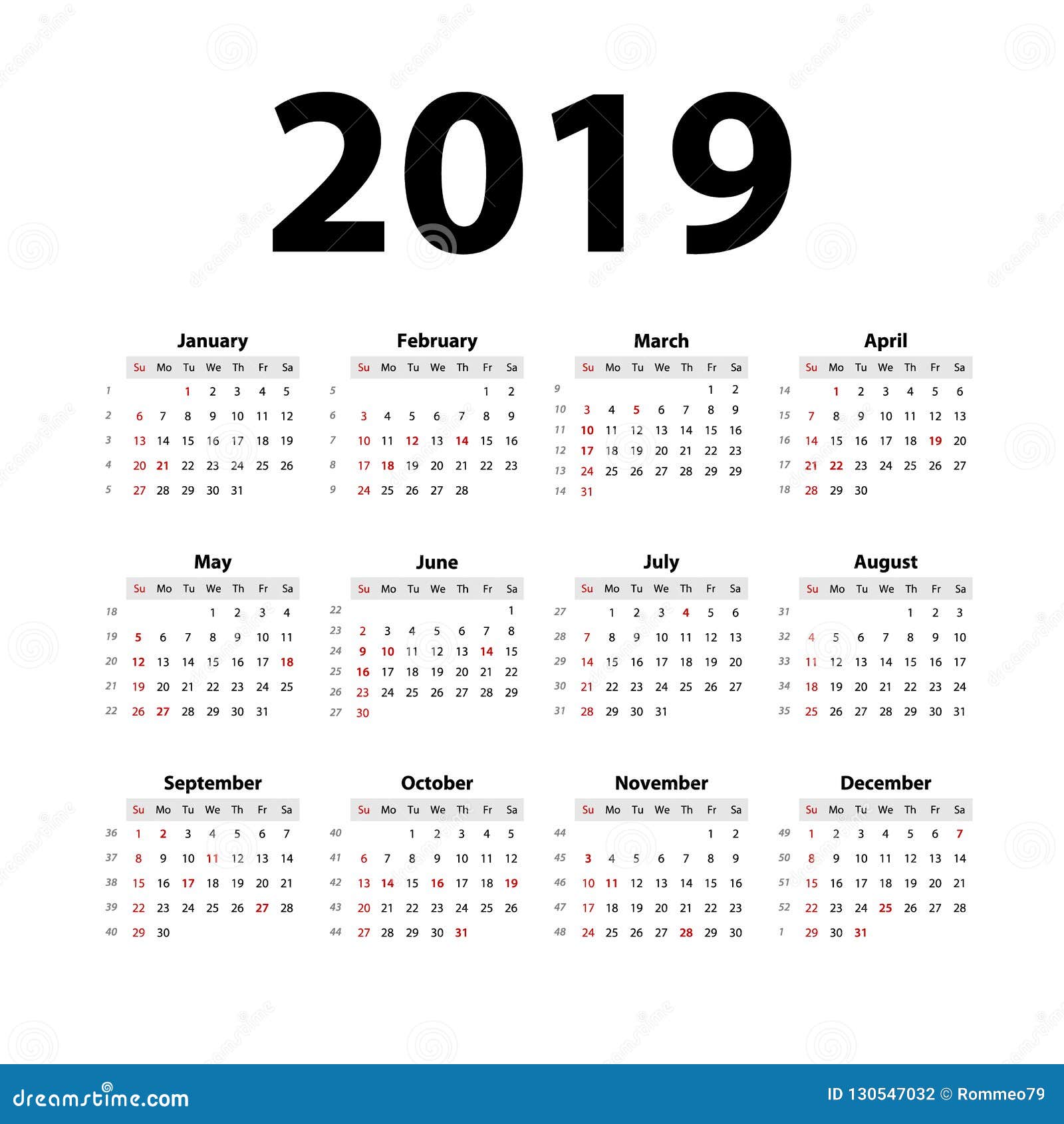 Vector Simple Calendar Layout for 2019 Years. Week Starts from Sunday ...