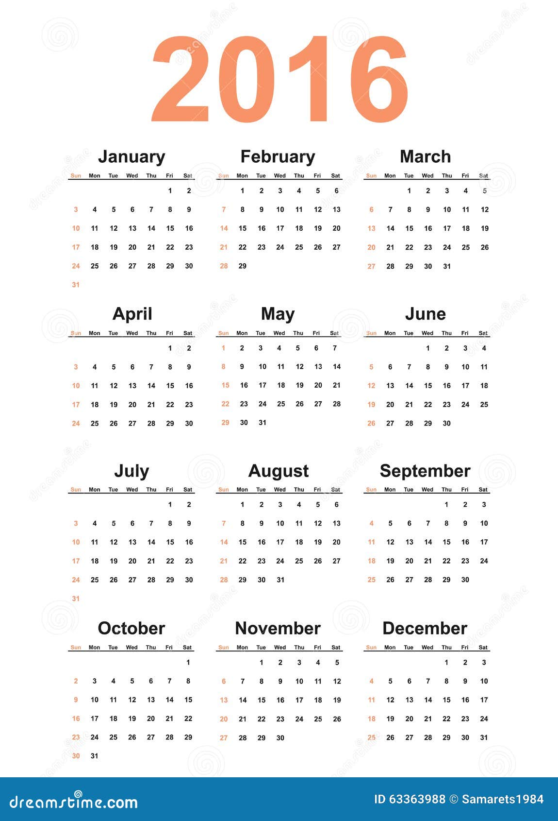 Vector Simple Calendar 2016 Year. Stock Vector - Illustration of ...