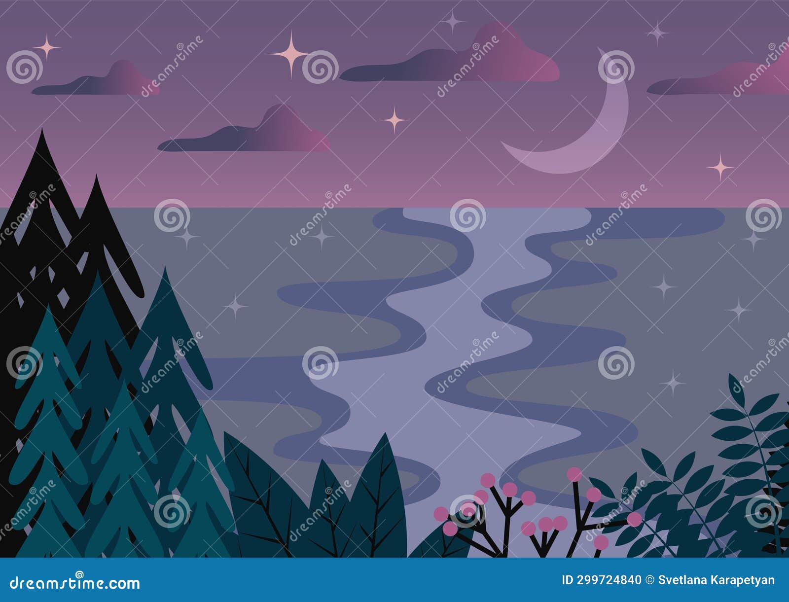 Vector Simple Night Landscape with Forest, River and Moon. Stock Vector ...
