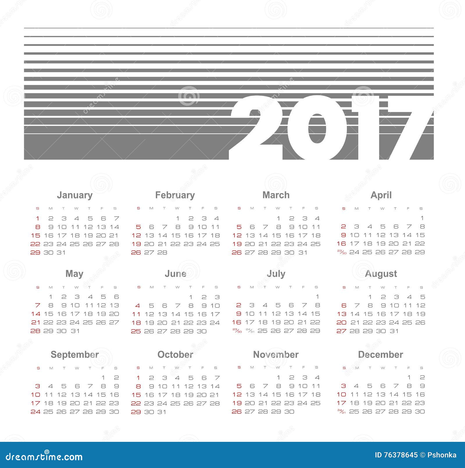 Vector Simple 2017 Year Calendar Stock Vector - Illustration of time ...