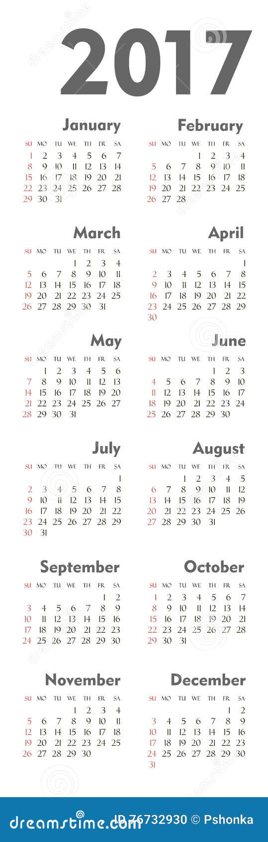 Vector Simple 2017 Year Calendar Stock Illustration - Illustration of ...