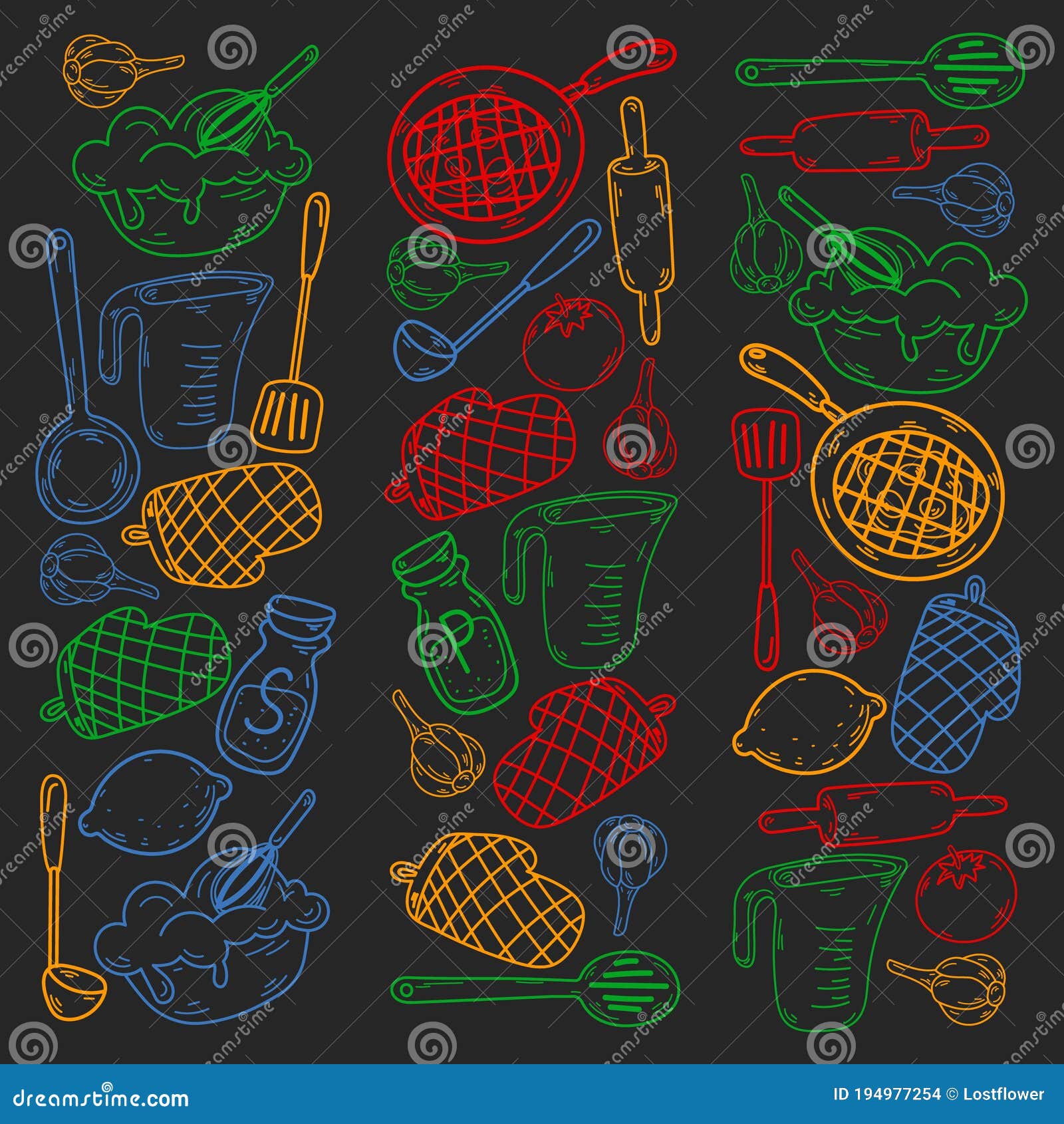 Vector Sketch Background with Kitchen Utensils, Vegetables, Cooking ...