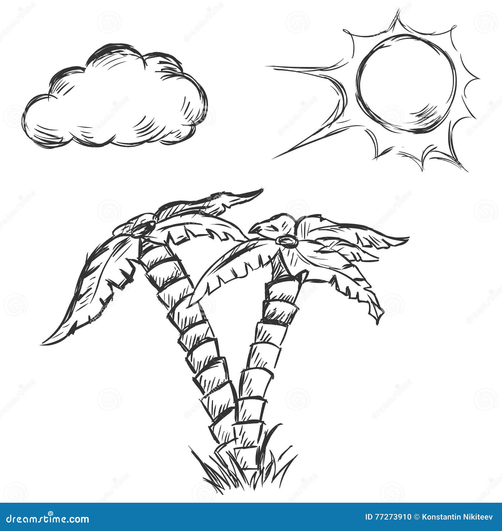 Vector Sketch Illustration - Two Palm Trees, Sun and Clouds Stock ...
