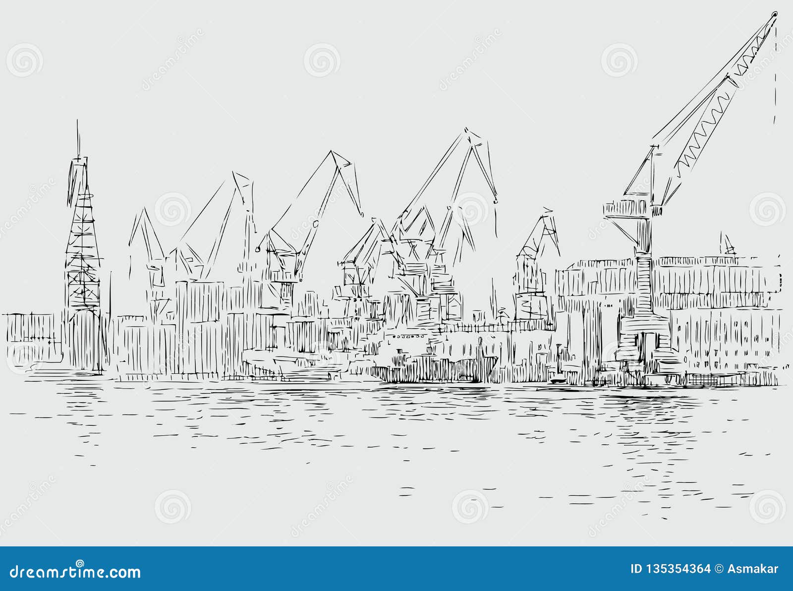 Vector Sketch of an Industrial Port Stock Vector - Illustration of ...