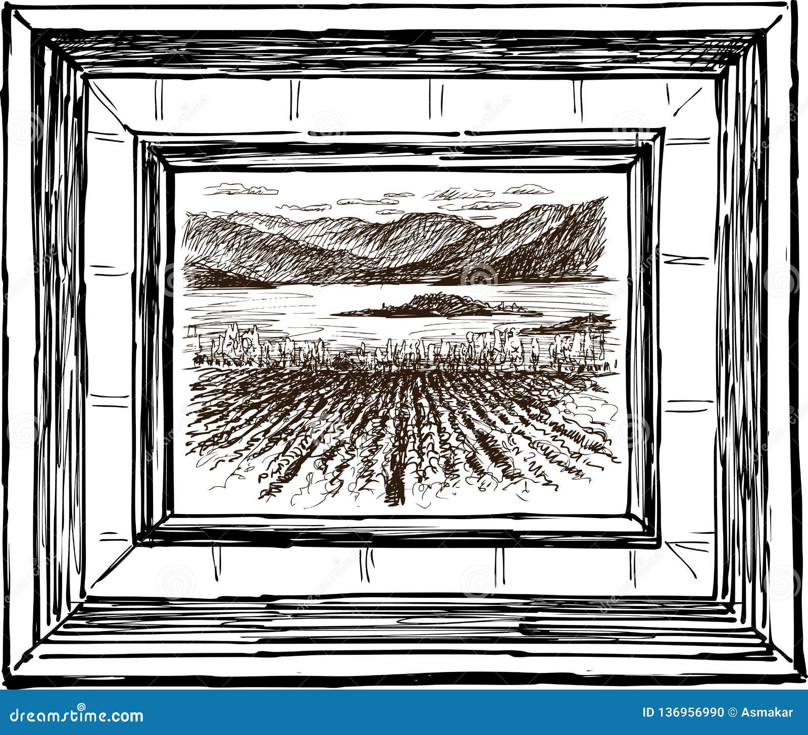 Vector Sketch of a Landscape in a Frame Stock Vector - Illustration of ...