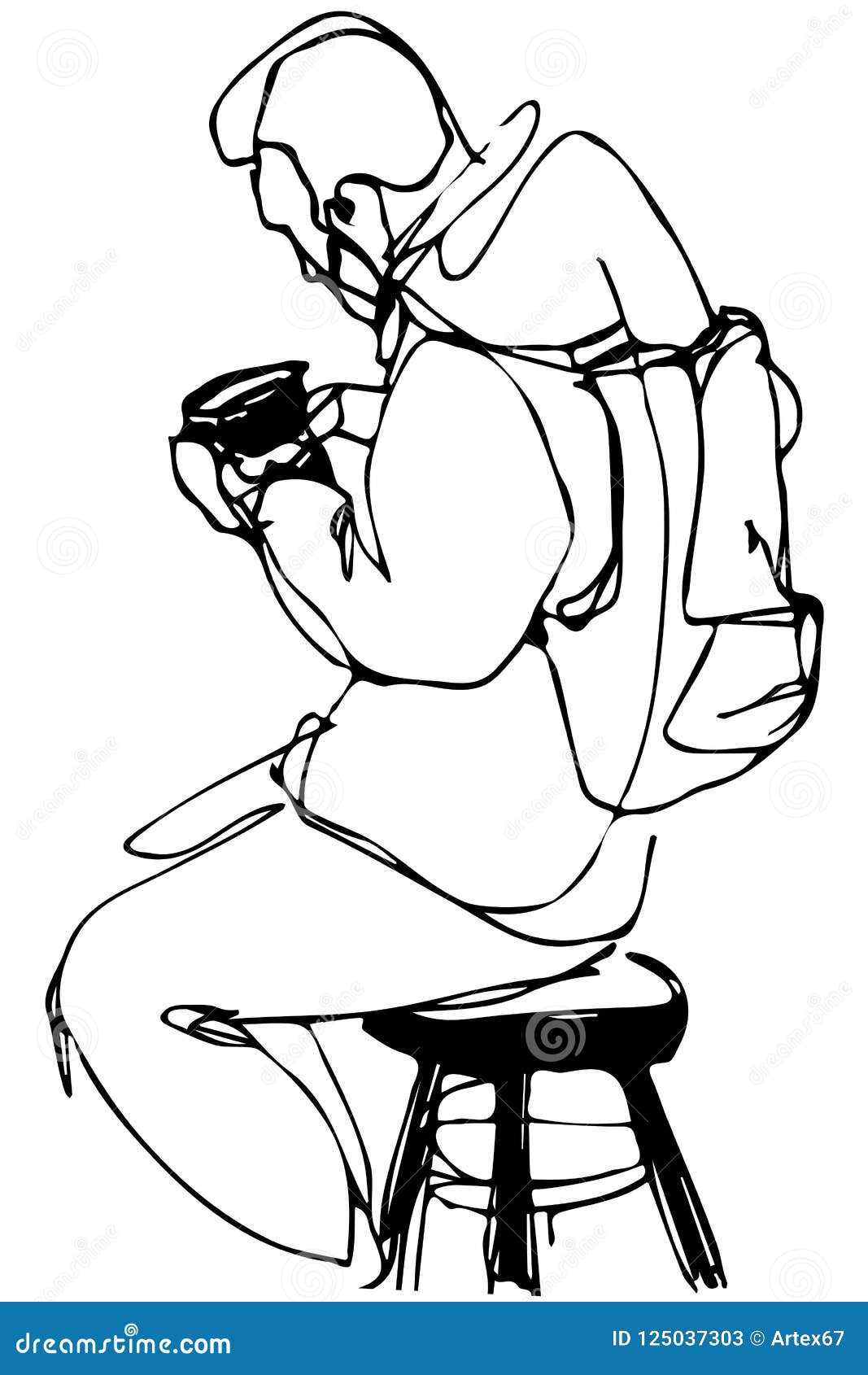 Vector Sketch of a Man with a Beard on a Stool Drinking Coffee Stock ...