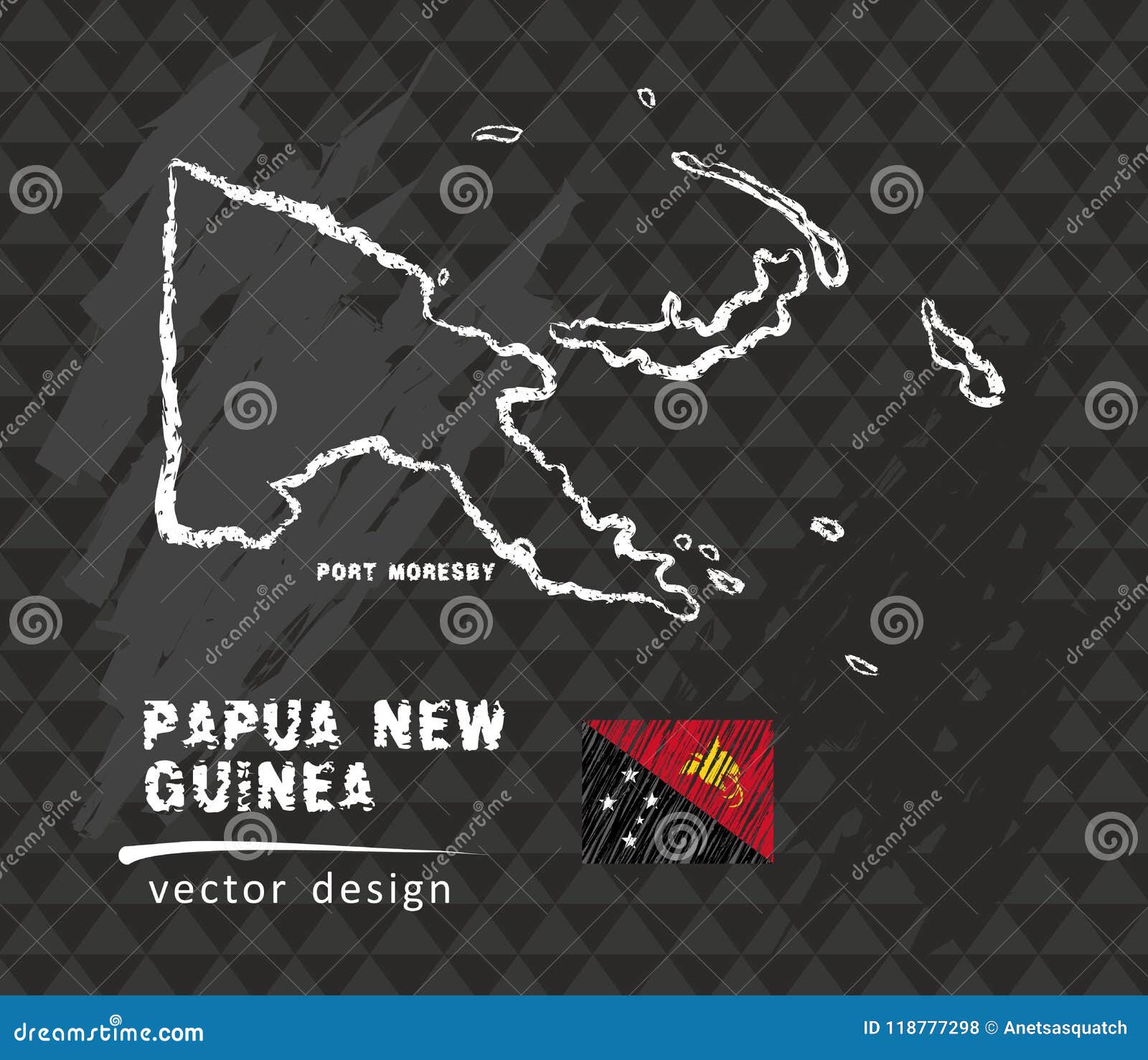 Papua New Guinea Map Vector Pen Drawing On Black Background Stock