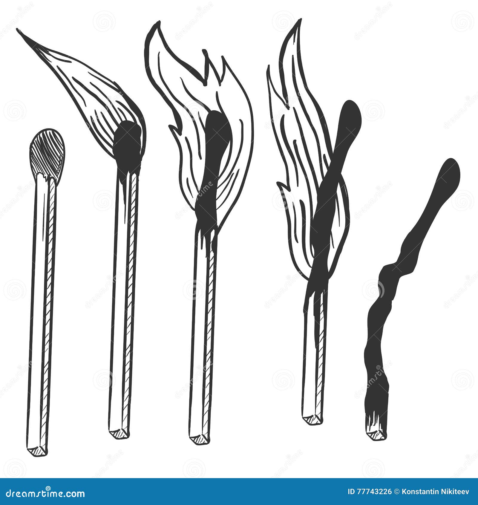 Vector Sketch Set of Burning Matches. Different Stages of Combustion ...
