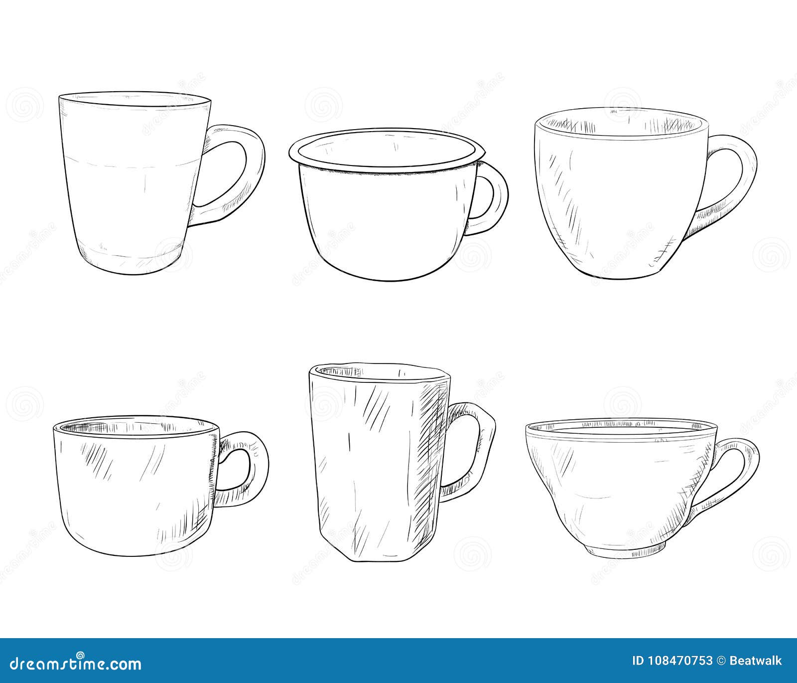 Vector sketch set of cups stock vector. Illustration of drawing - 108470753
