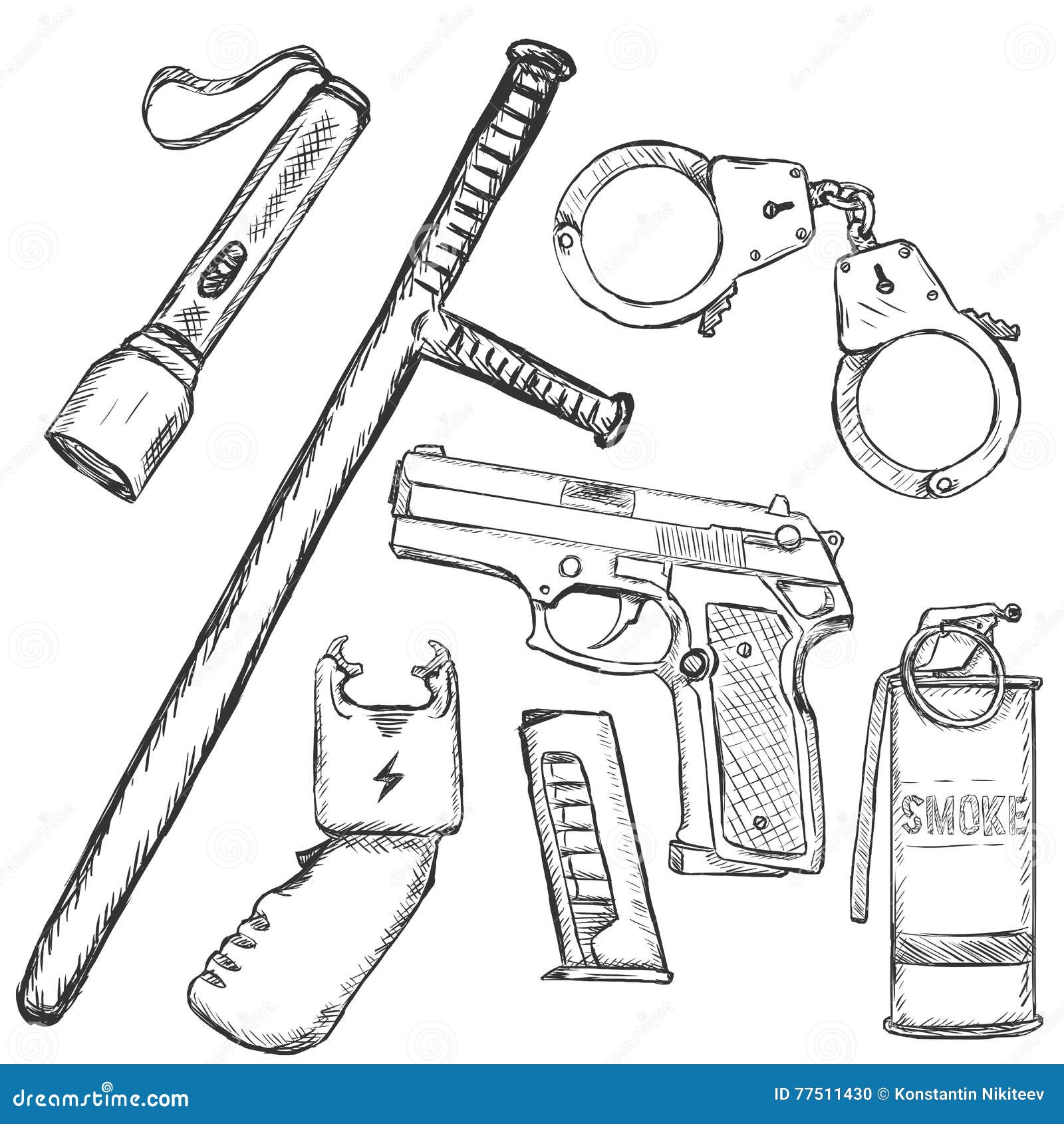 Vector Sketch Set of Police Weapon and Equipment Stock Vector ...