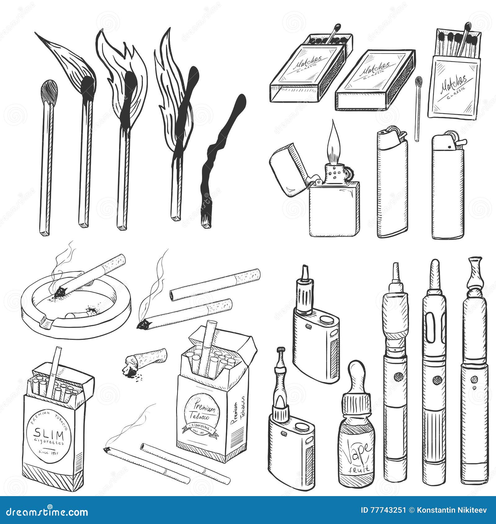 Vector Sketch Set of Smoking and Vaping Stock Vector - Illustration of ...