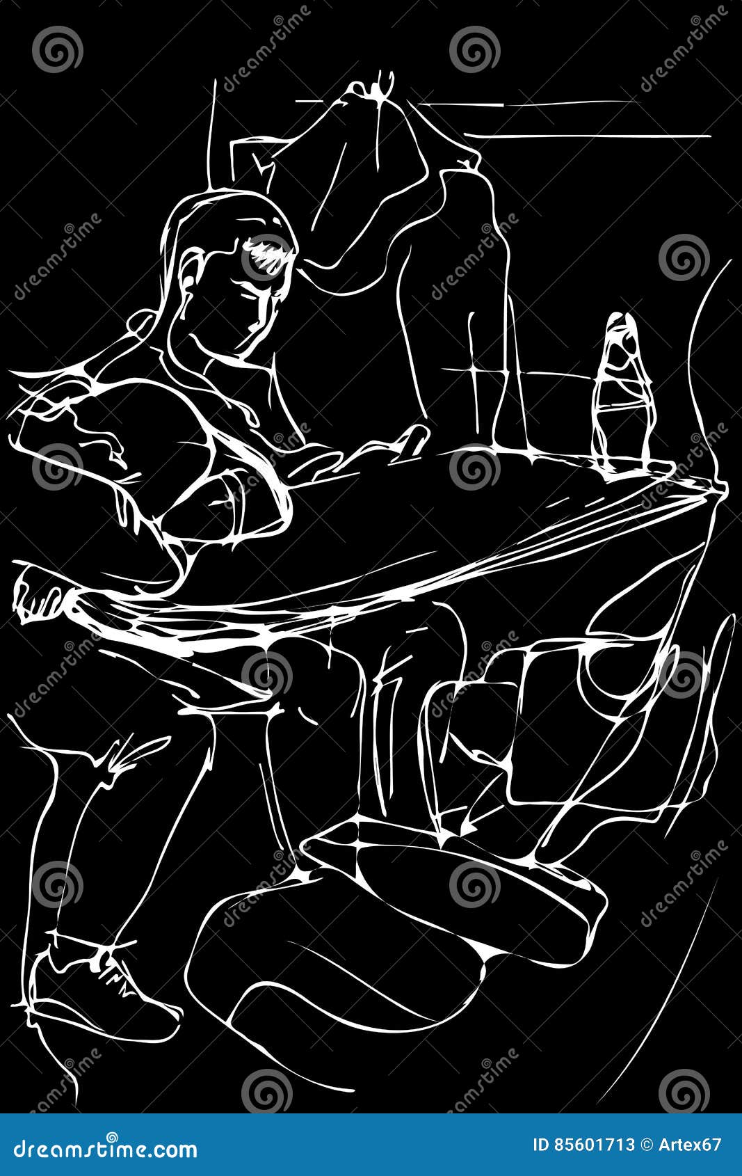 Vector Sketch Of A Young Man Sleeping On A Table By The Window I ...