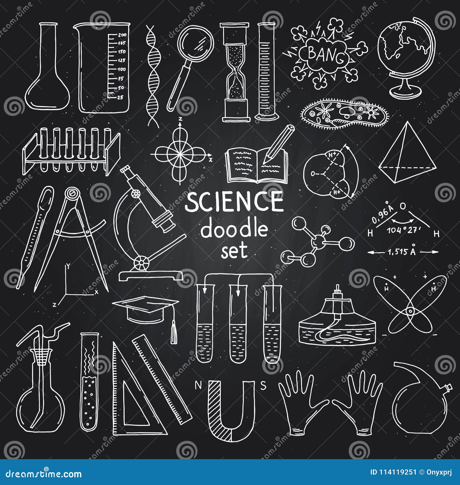 Vector Sketched Science or Chemistry Elements Set on Black Chalkboard ...