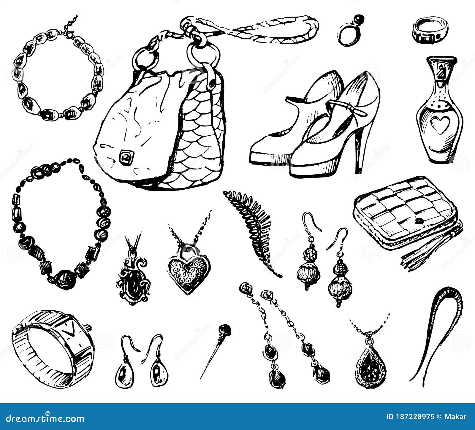 Vector Sketches of Various Sets of Female Jewelry and Accessories Stock ...