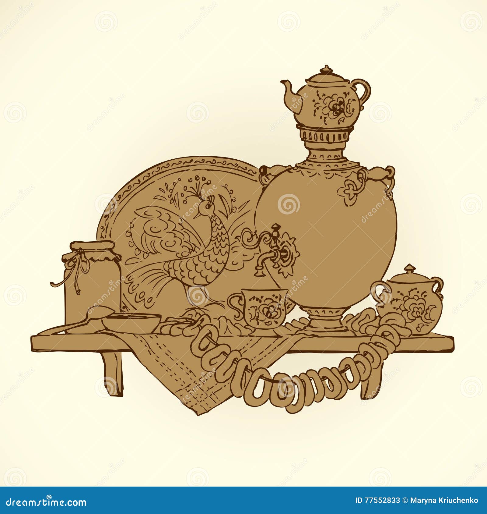 Vector Skizze Ein Stillleben Mit Samowar, Bageln Und Stau Vektor ...