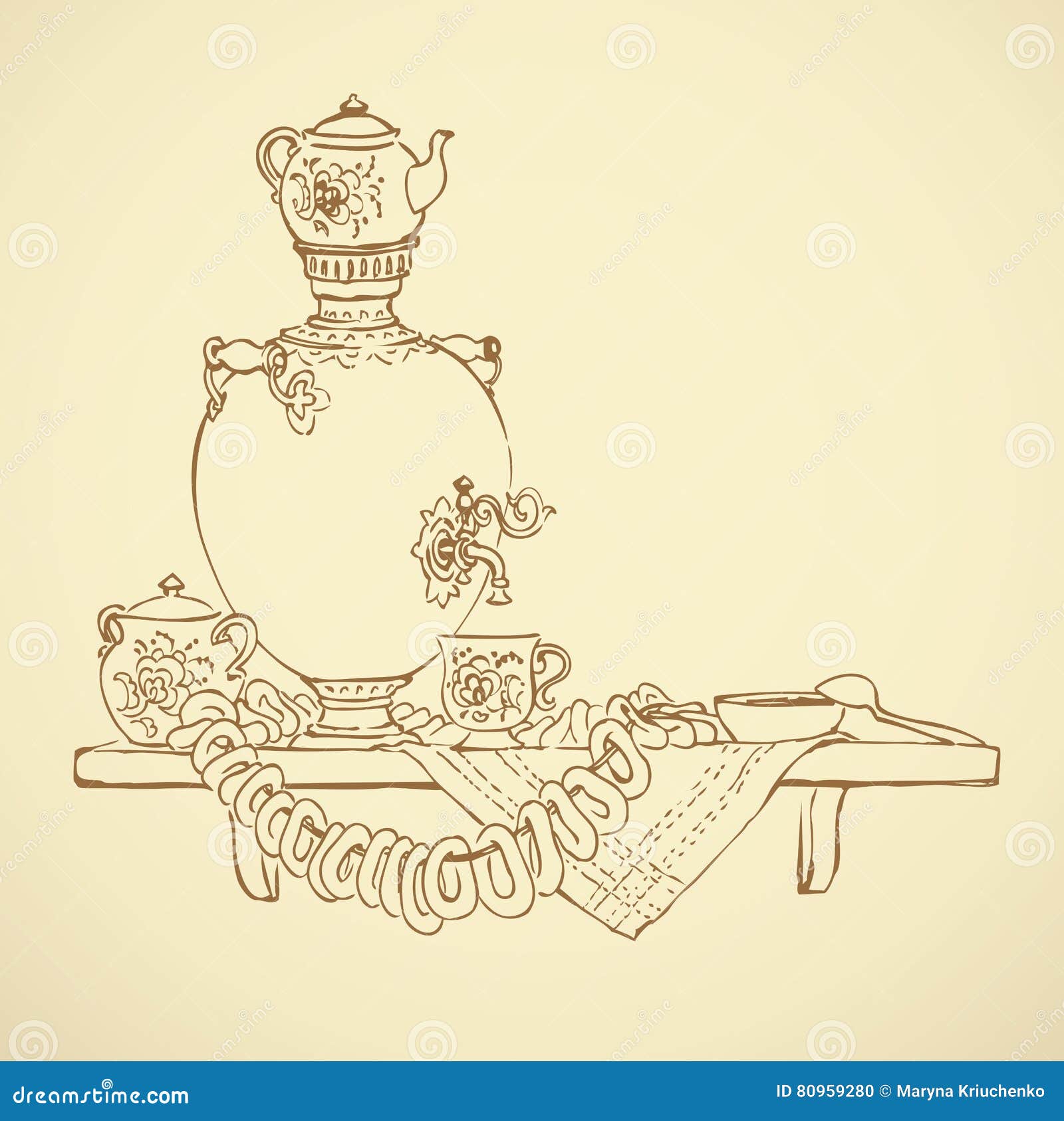 Vector Skizze Ein Stillleben Mit Samowar, Bageln Und Stau Vektor ...