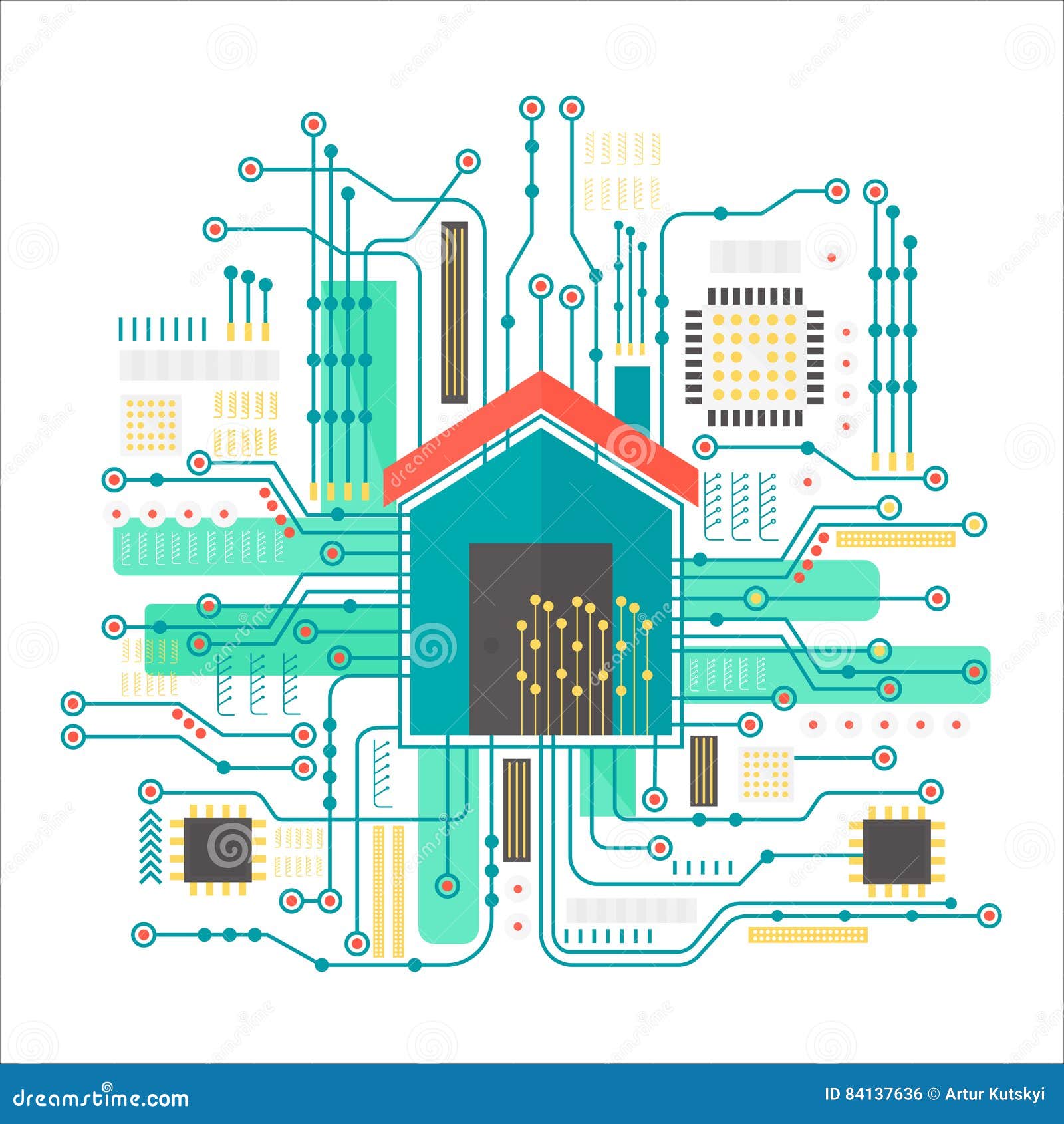 Vector Smart Home Concept. Smart Home in Microchip Pathways Futuristic ...