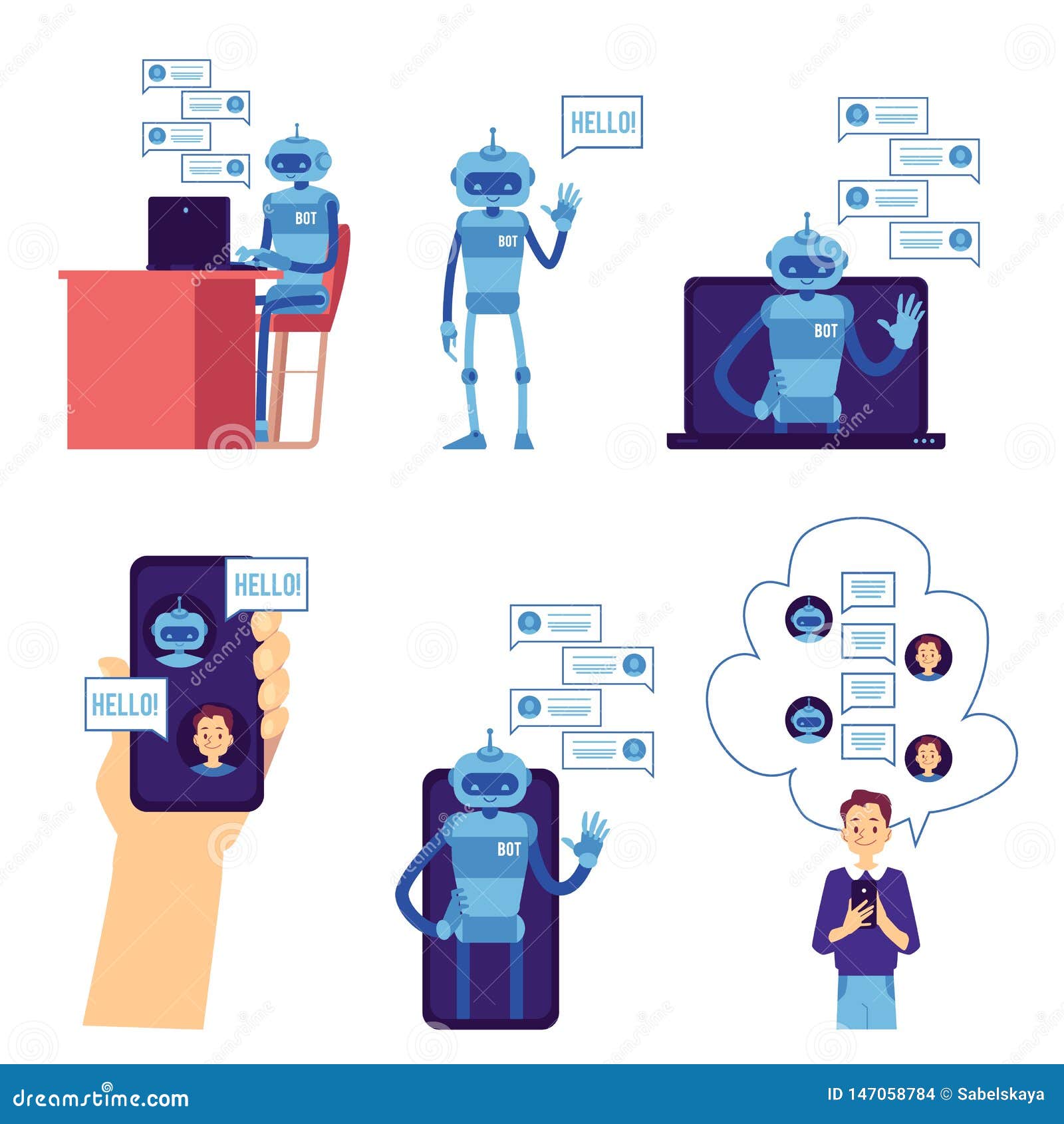 Vector Smiling Chat Bot Concept Characters Set Stock Vector ...
