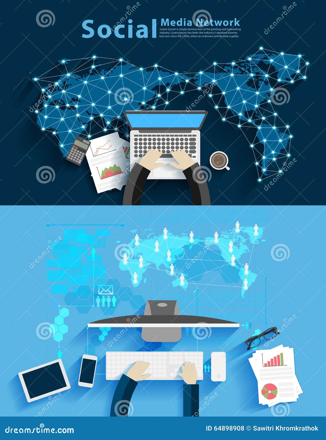 Vector Social Media Network with Business Man Working on Computer Stock ...