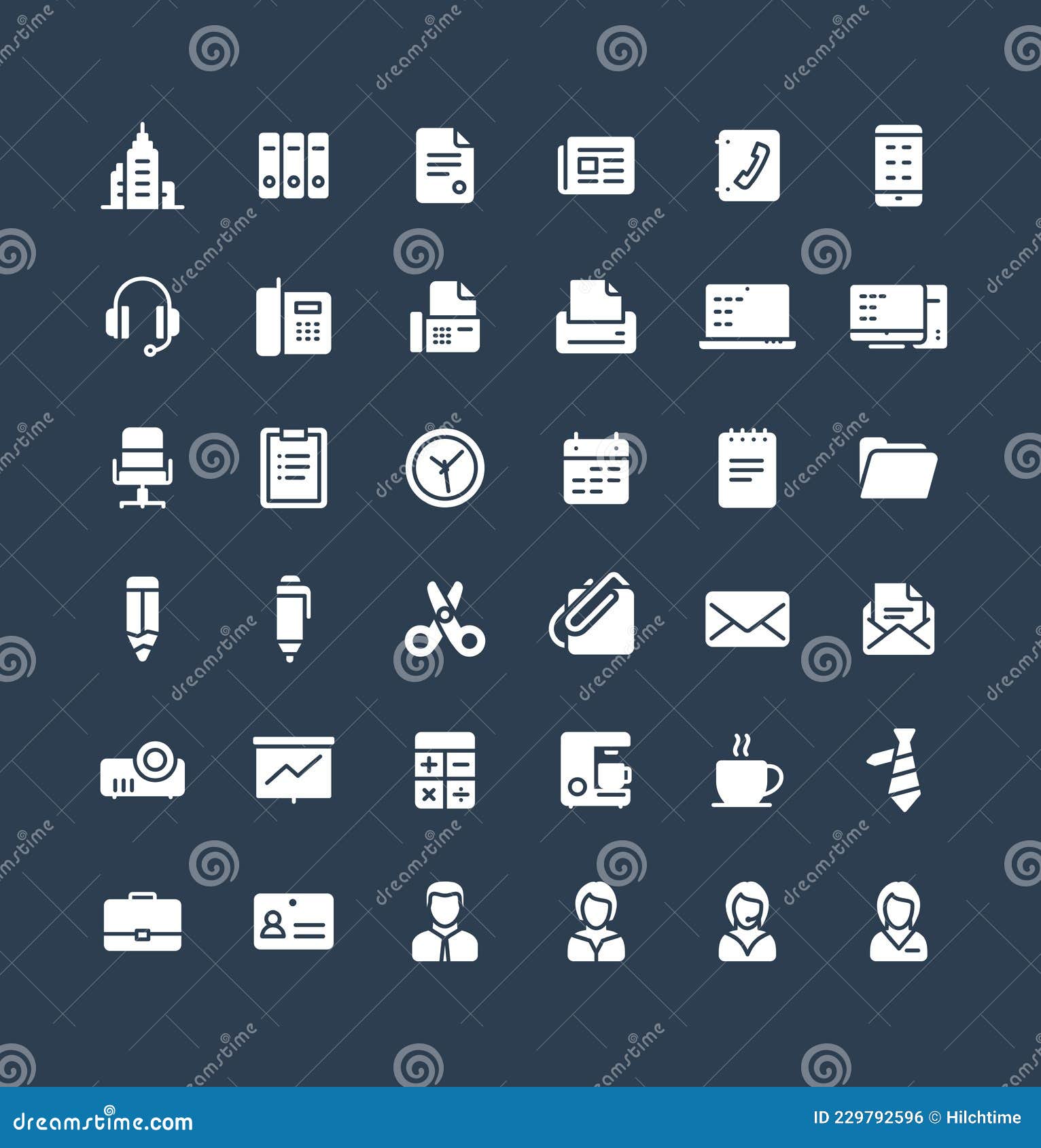 Vector Solid Icons Set with Business and Office Tools Flat Symbols ...