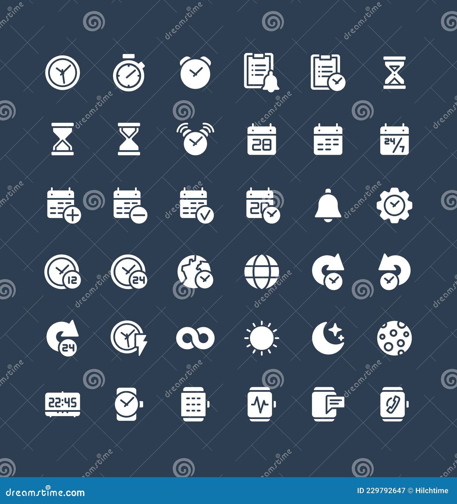 Vector Solid Icons Set with Date and Time Flat Symbols. Stock Vector ...