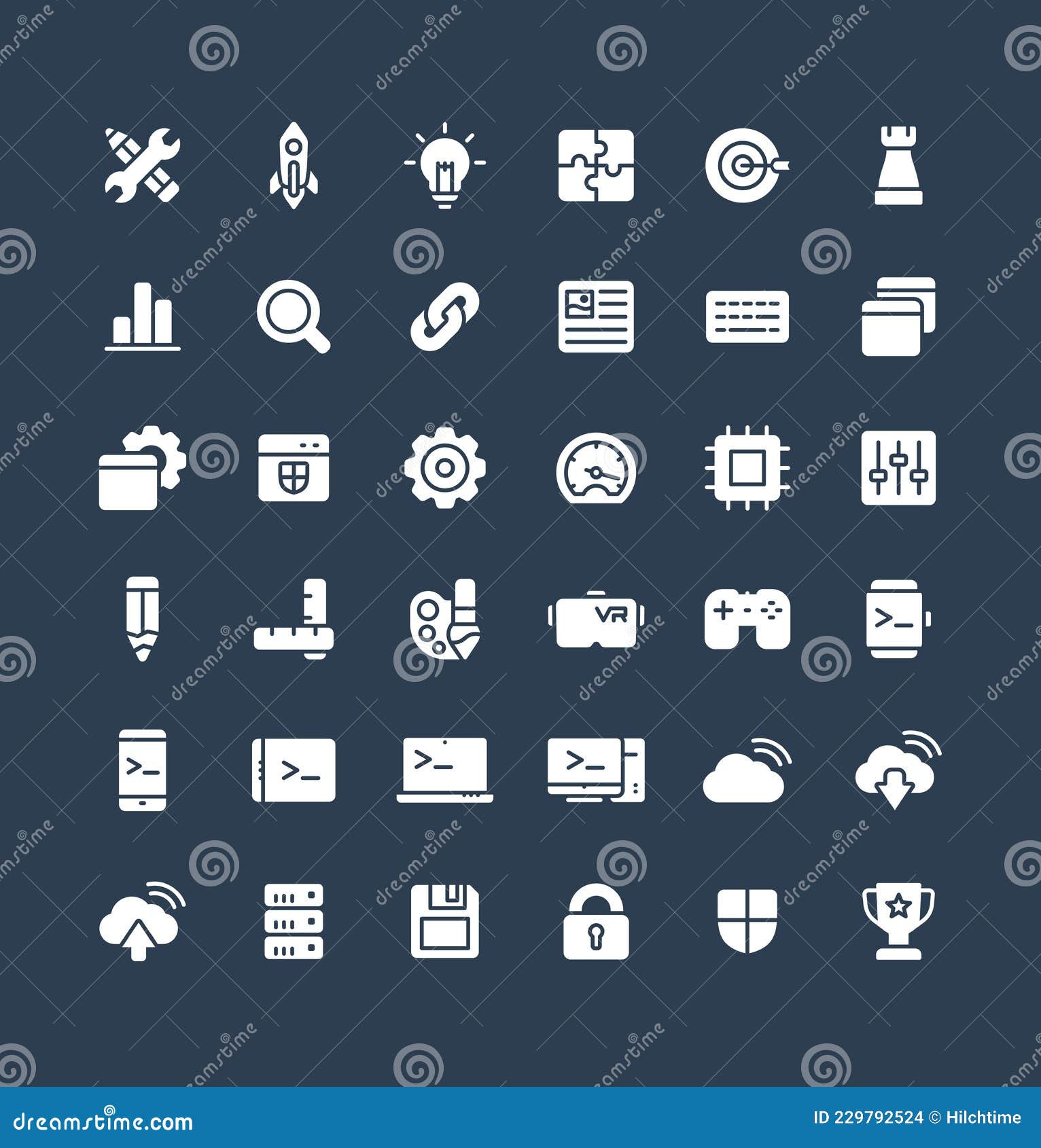 Vector Solid Icons Set with Digital Development Flat Symbols Stock ...