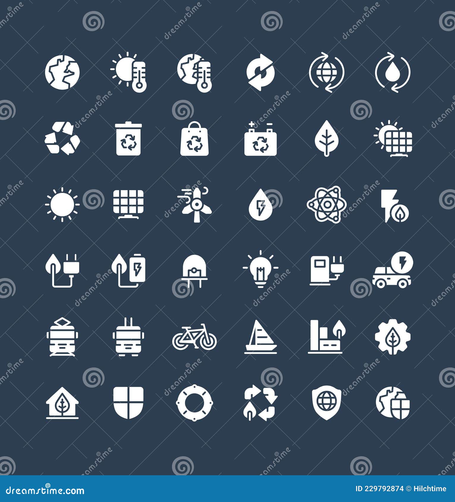 Vector Solid Icons Set with Environmental and Ecology Flat Symbols ...