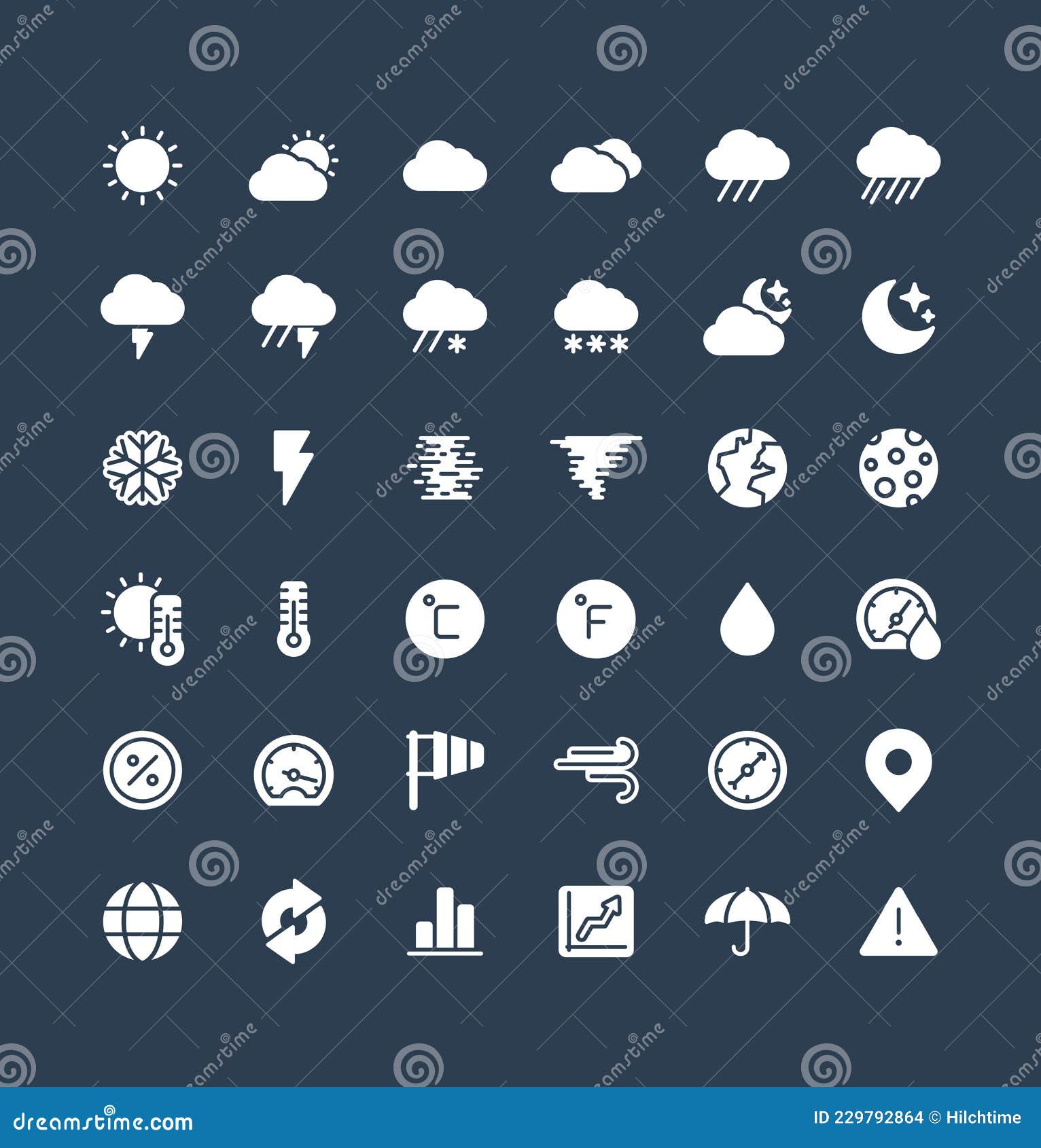 Vector Solid Icons Set with Weather and Meteo Flat Symbols. Stock ...