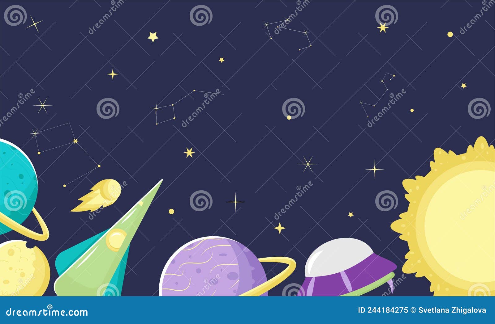 Vector Space Banner for Design. Space Exploration. Planets, Spacecraft ...