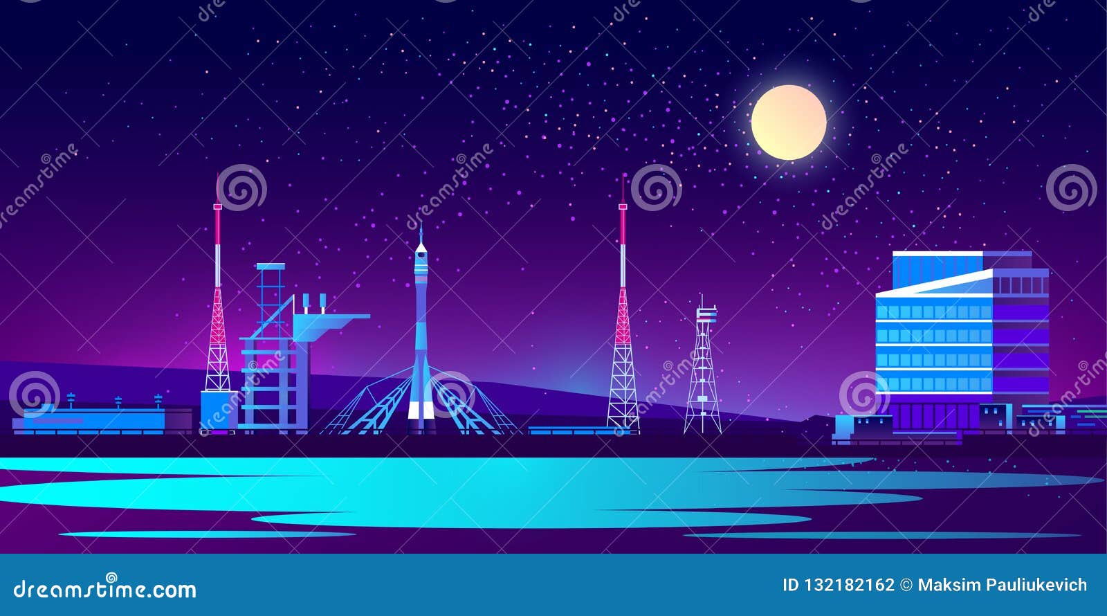 Vector Spaceport, Base at Night with Rocket Stock Vector - Illustration ...