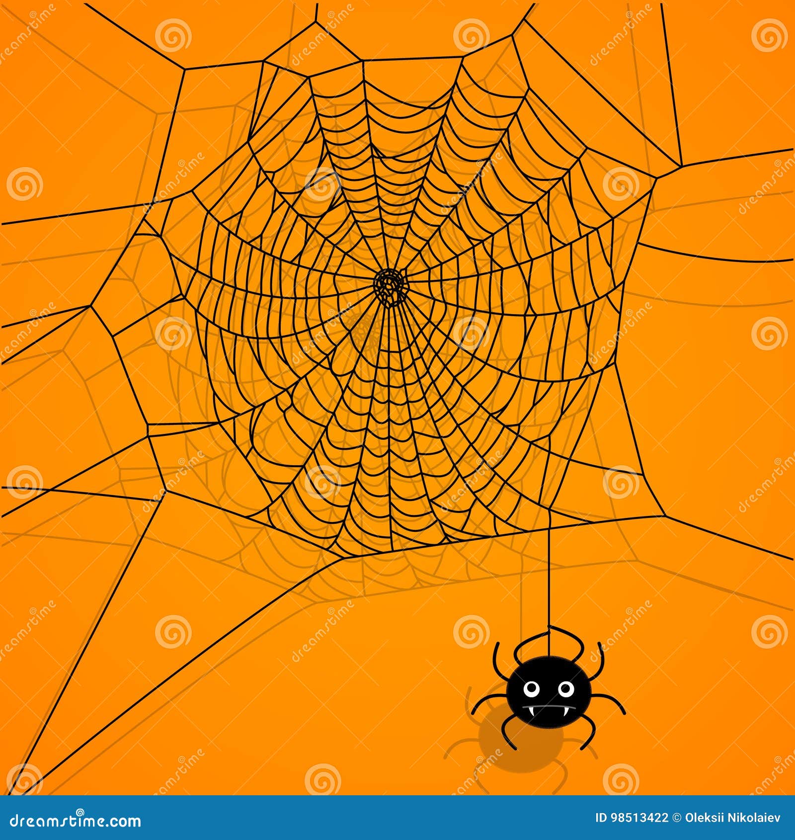 Vector Spider Web and Small Spider on Orange Background. Cartoon ...
