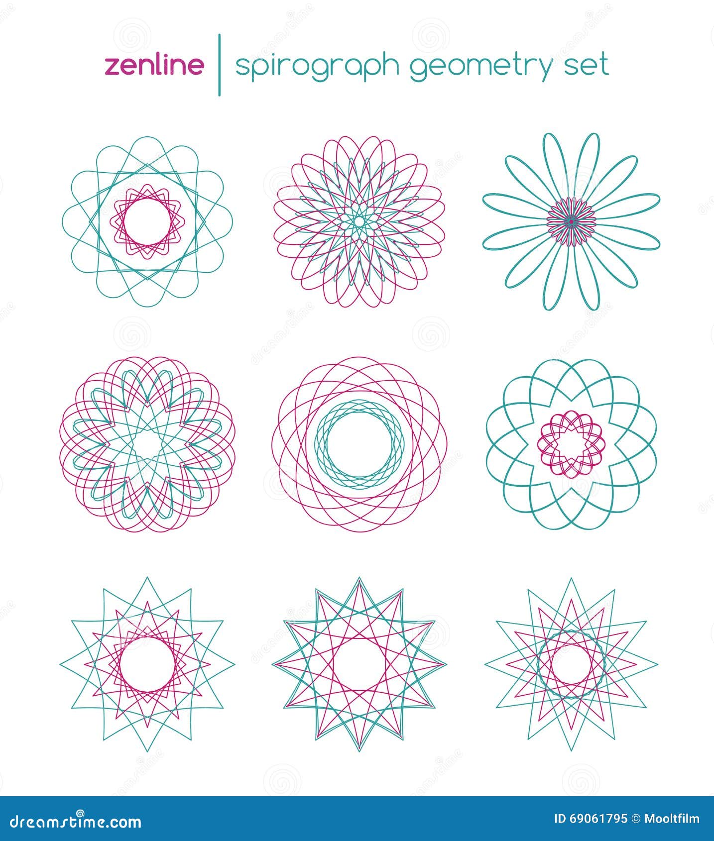 Set Of Spirograph Symbols. Black Outline Flowers, Stars And Snowflakes ...