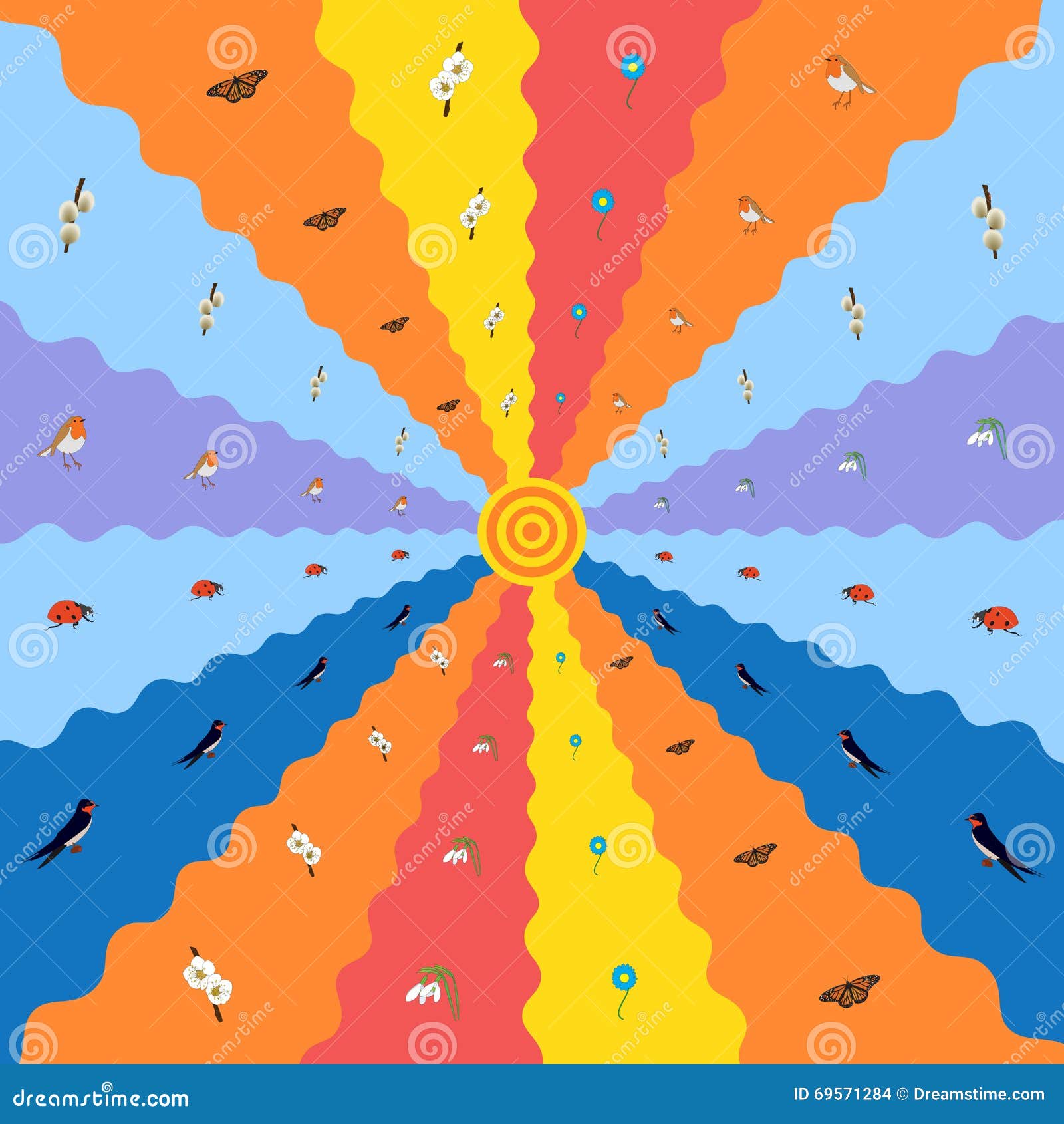 Vector Spring Background with Sun and Spring Symbols Stock Vector ...