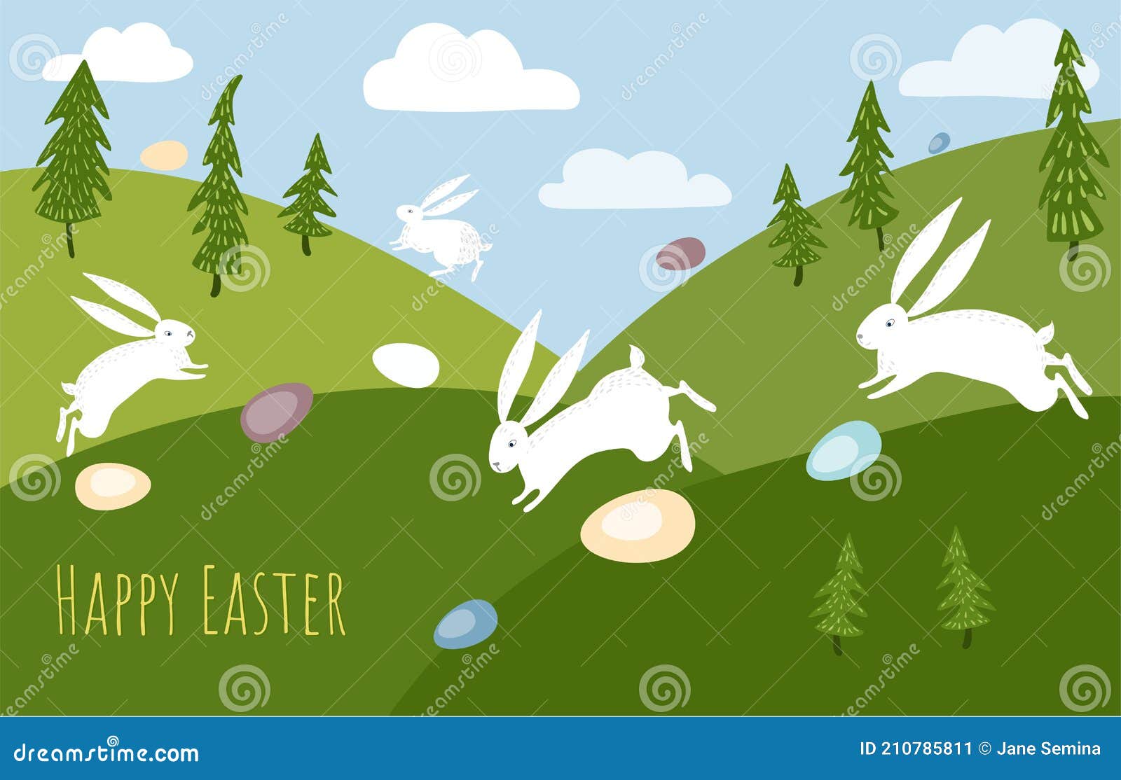 Vector Spring Landscape with Fields and Trees. White Rabbits Run ...