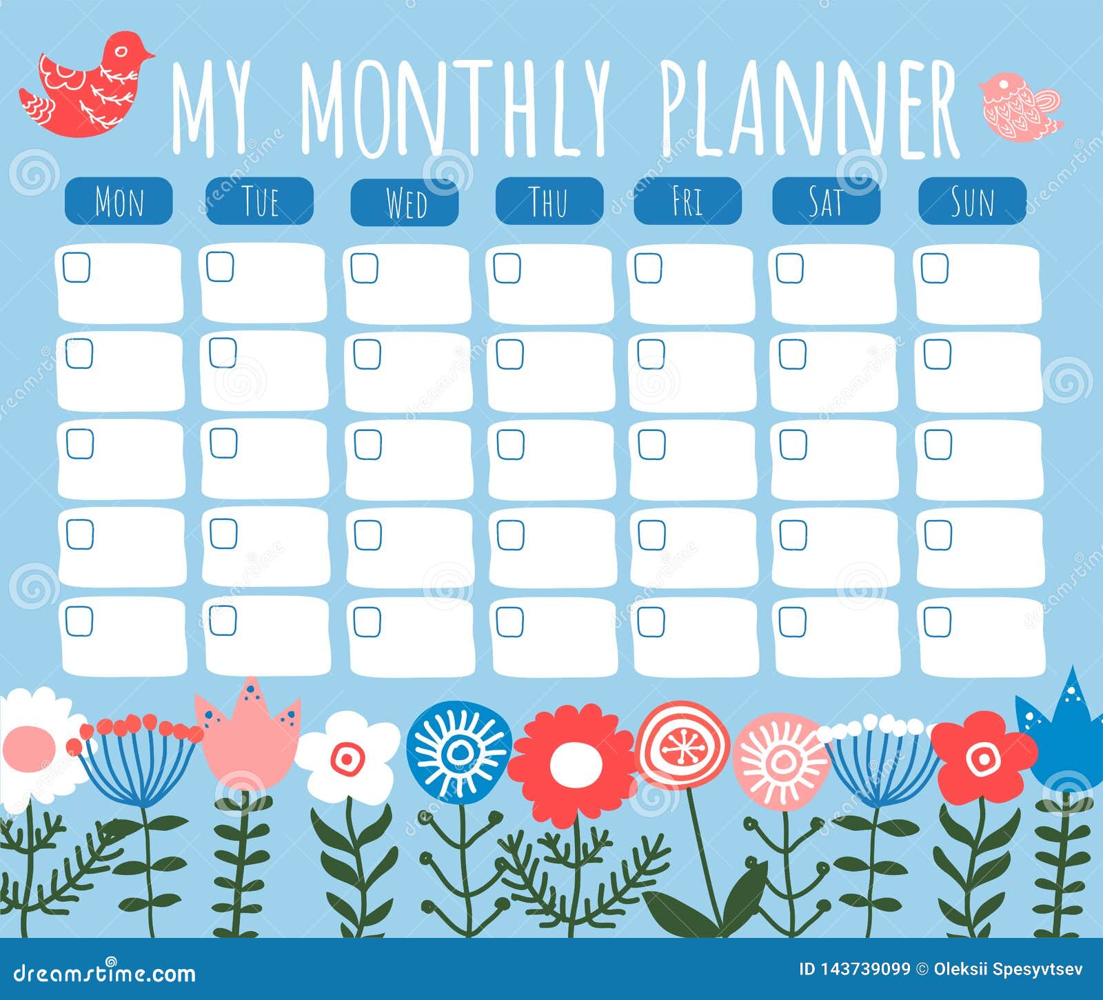 Vector Spring Ethnic Floral Hand Drawn Monthly Planner, Schedule ...