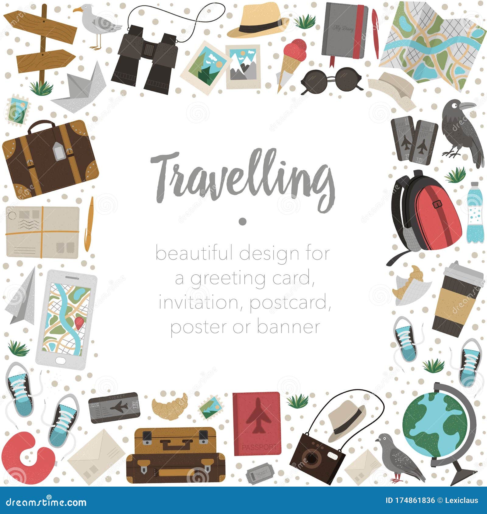 Vector Square Frame with Travelling Objects. Journey Elements Banner ...