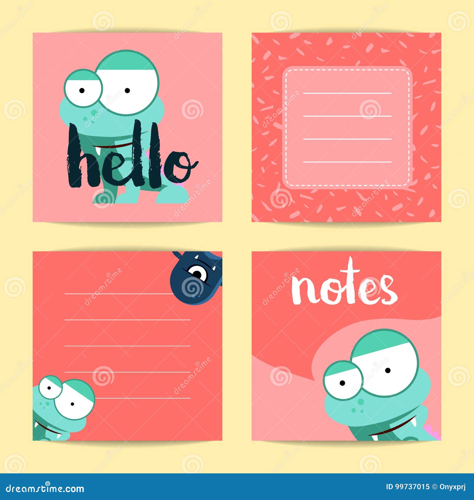 Vector Square Note Cards with Lettering and Cute Cartoon Monsters on ...