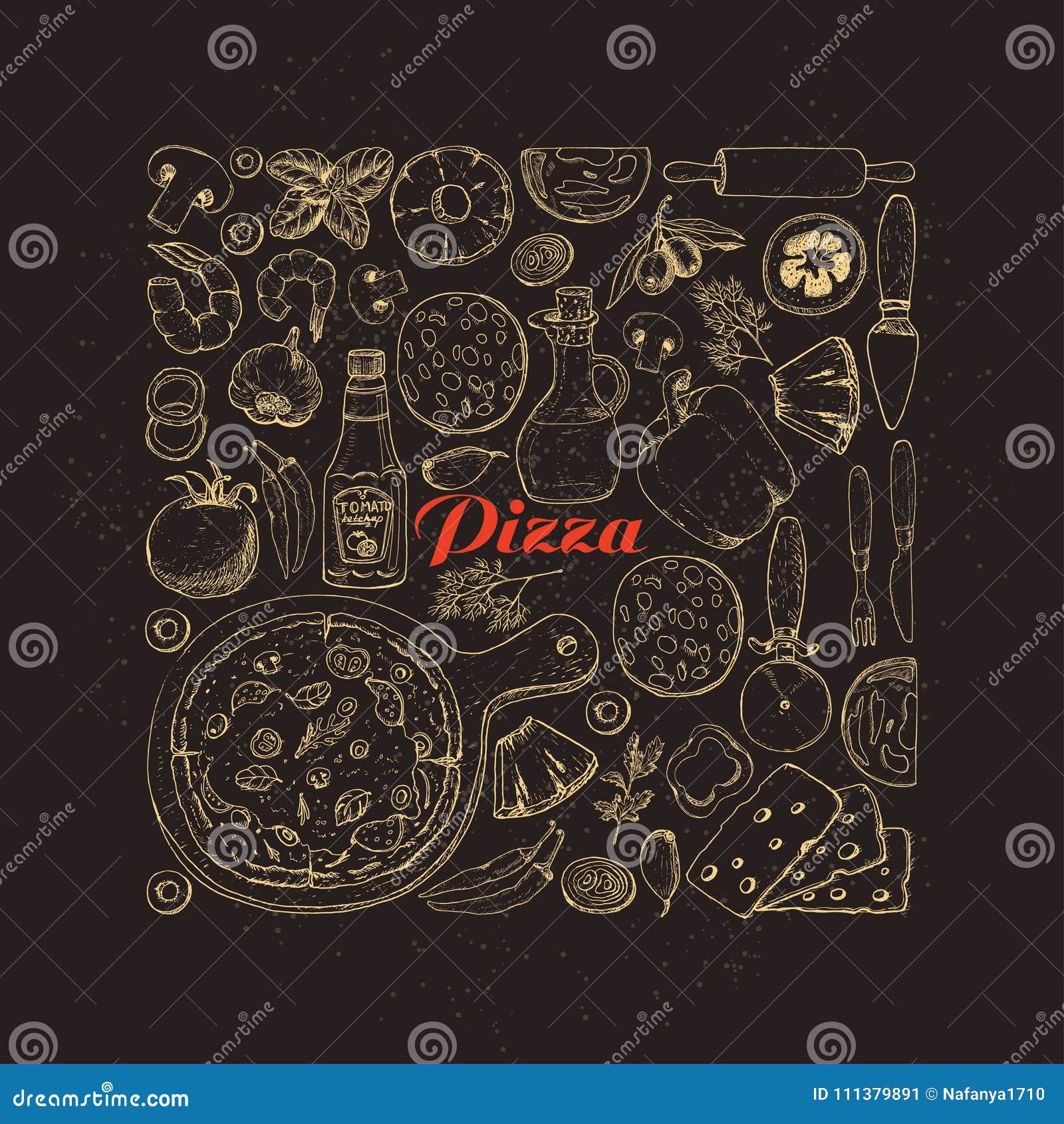 Vector Square of Pizza and Its Ingredients Stock Vector - Illustration ...