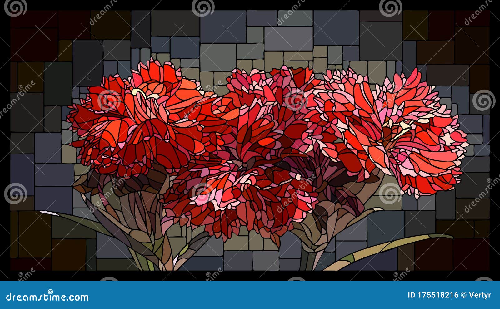 Vector Stained Glass Window with Blooming Red Carnations. Stock Vector ...