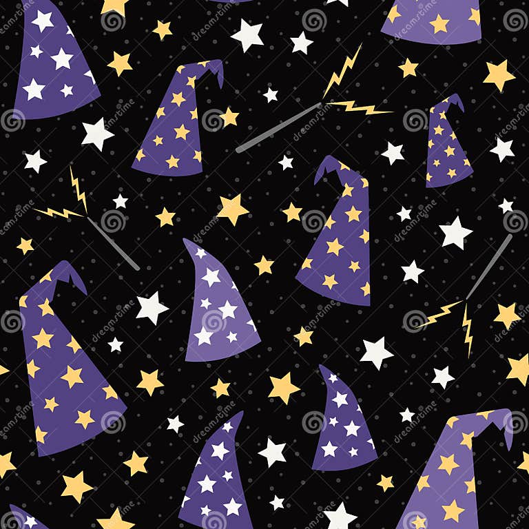 Vector Starry Wizard Hats Seamless Pattern Background Stock Vector ...
