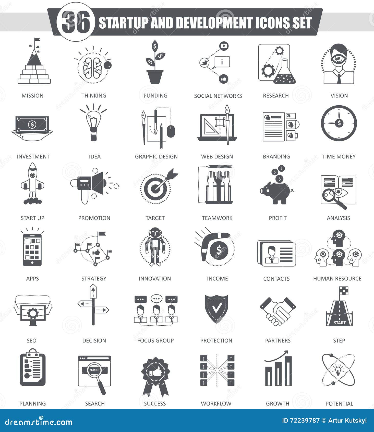 Vector Startup and Development Black Icon Set. Dark Grey Classic Icon ...