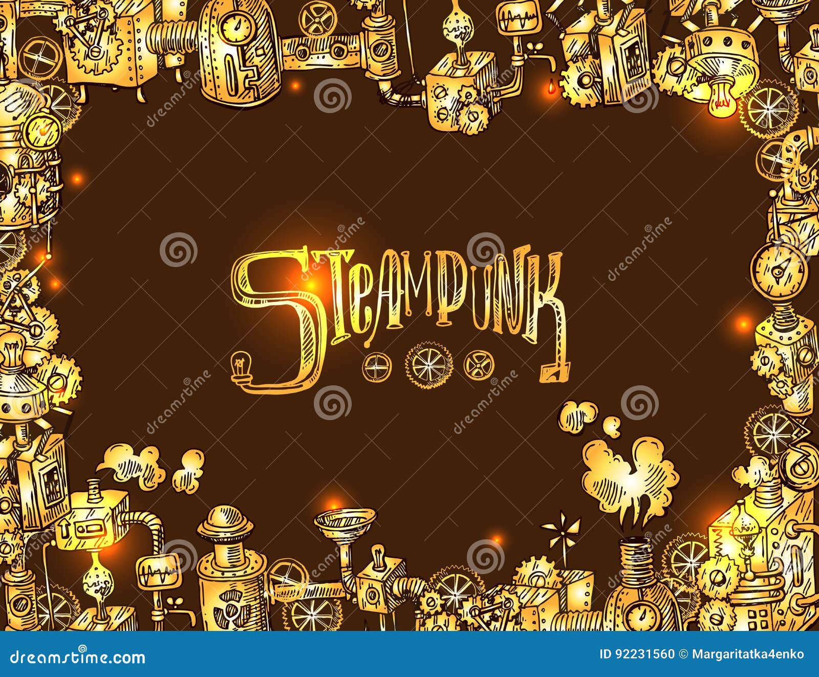 Steampunk Frame On Blue Rusty Background With Gauges And Switches Stock ...